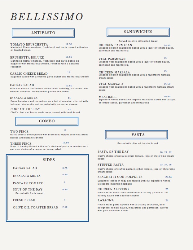 Menu – Bellissimo Bistro